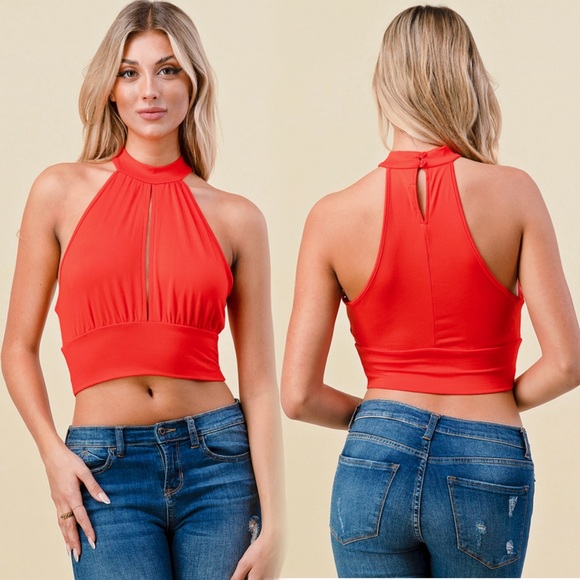 Tops | Keyhole Halter Crop Top In Red | Poshmark